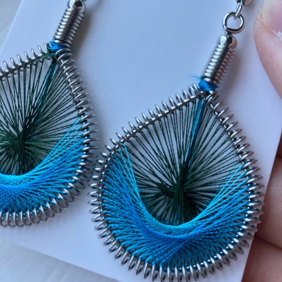 Jewelry | Silver Blue String Art Teardrop Dangle Earrings | Poshmark